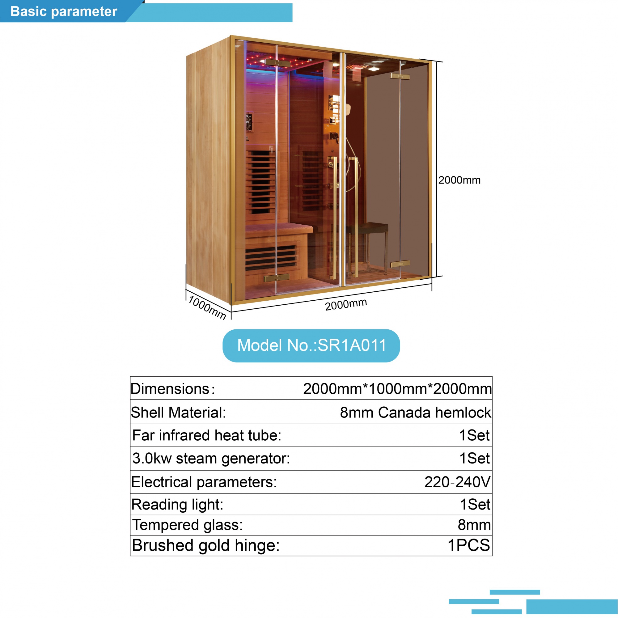 SR1A011 Infrared Sauna Shower Combo with 8mm Canadian Hemlock Wood and ...