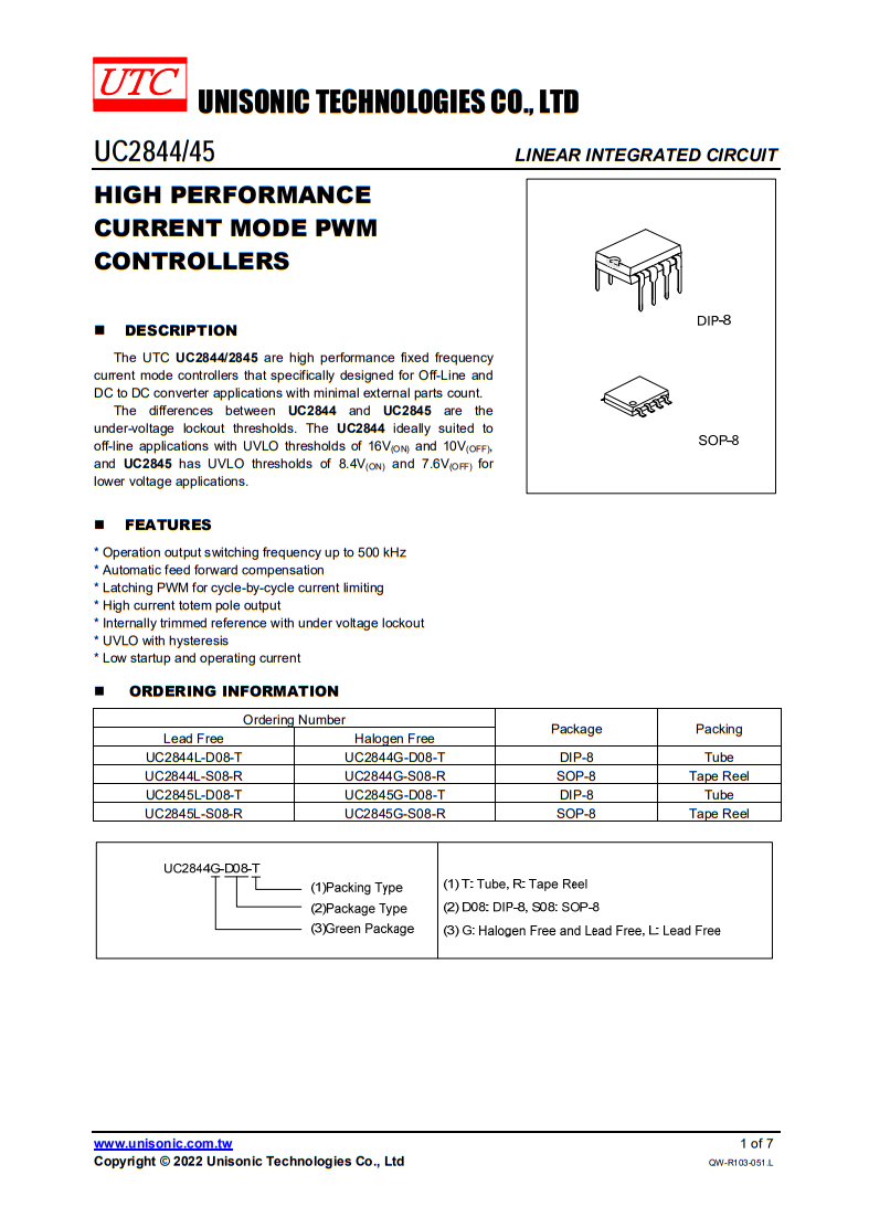 UC2844G高性能电流模式PWM控制器,DC-DC控制芯片
