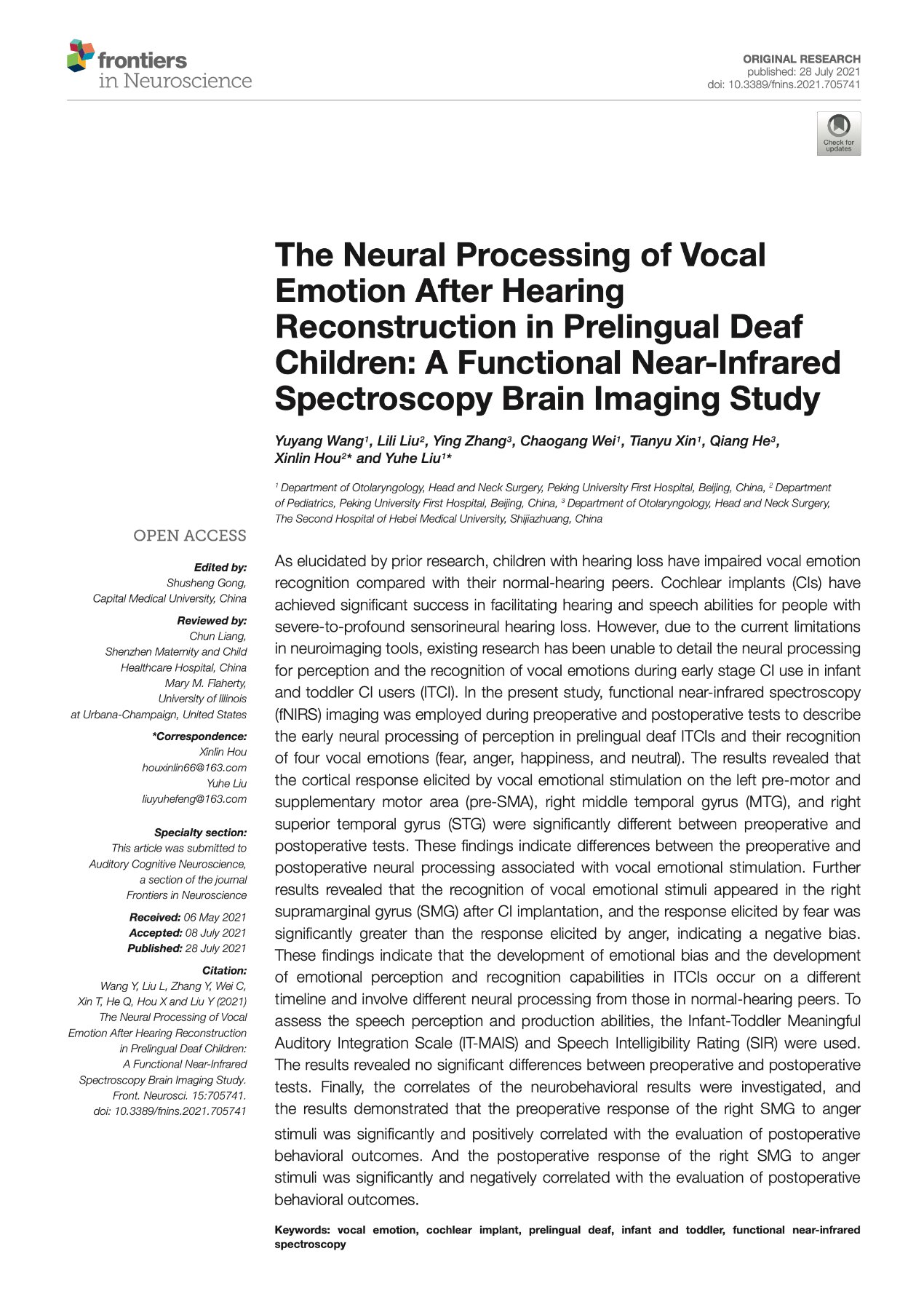 The Neural Processing of Vocal Emotion After Hearing Reconstruction in ...