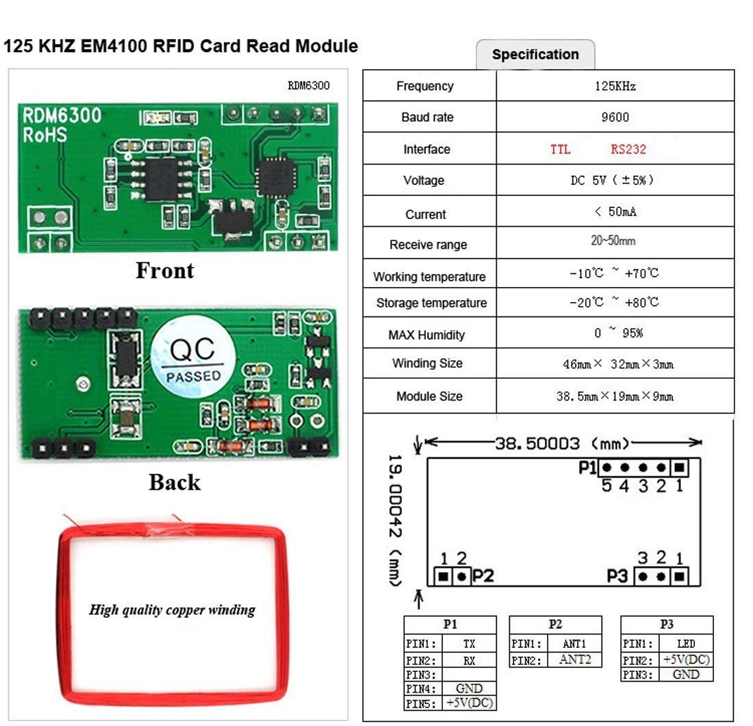 125 KHZ EM4100 RFID Card Read Module RDM630 (UART) Compatible Arduino,Shenzhen HiLetgo ...