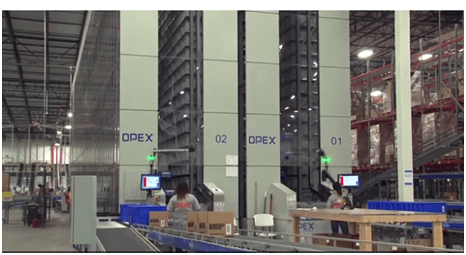 备受欧美电商青睐的OPEX Perfect Pick™ iBot料箱式Miniload双向多层穿梭车货到人拆零快速分拣系统