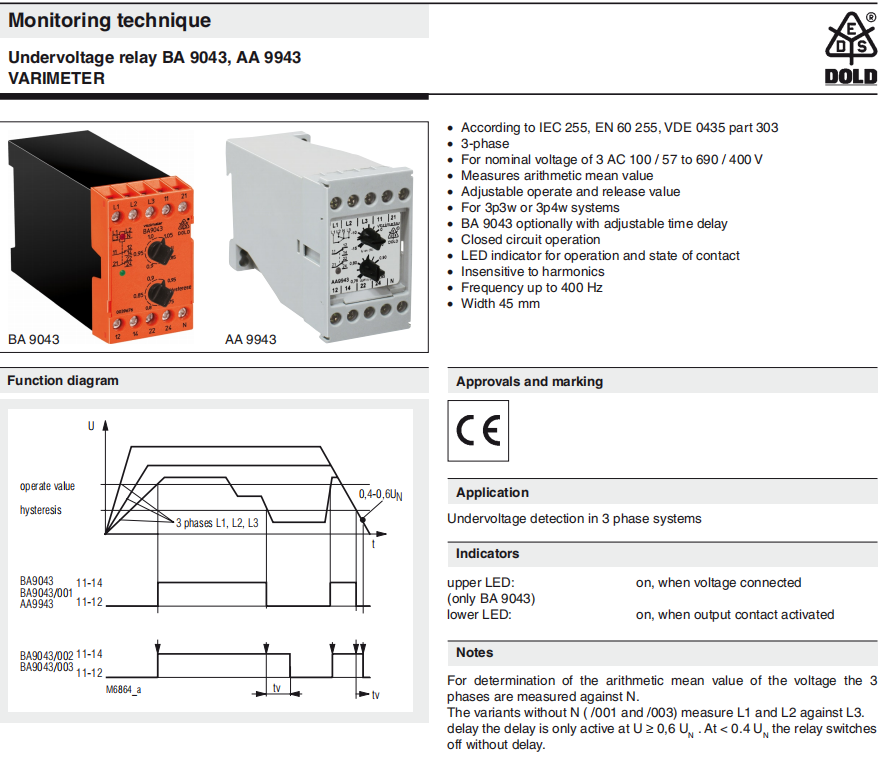 德国DOLD多德欠电压继电器模块BA9043选型手册和样本