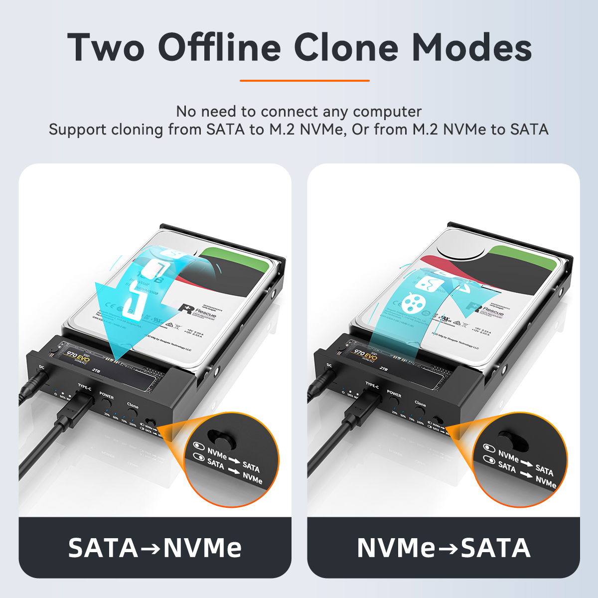 Aluminum dual bay SSD clone case for NVMe SSD hdd 2.5 inch 3.5 inch