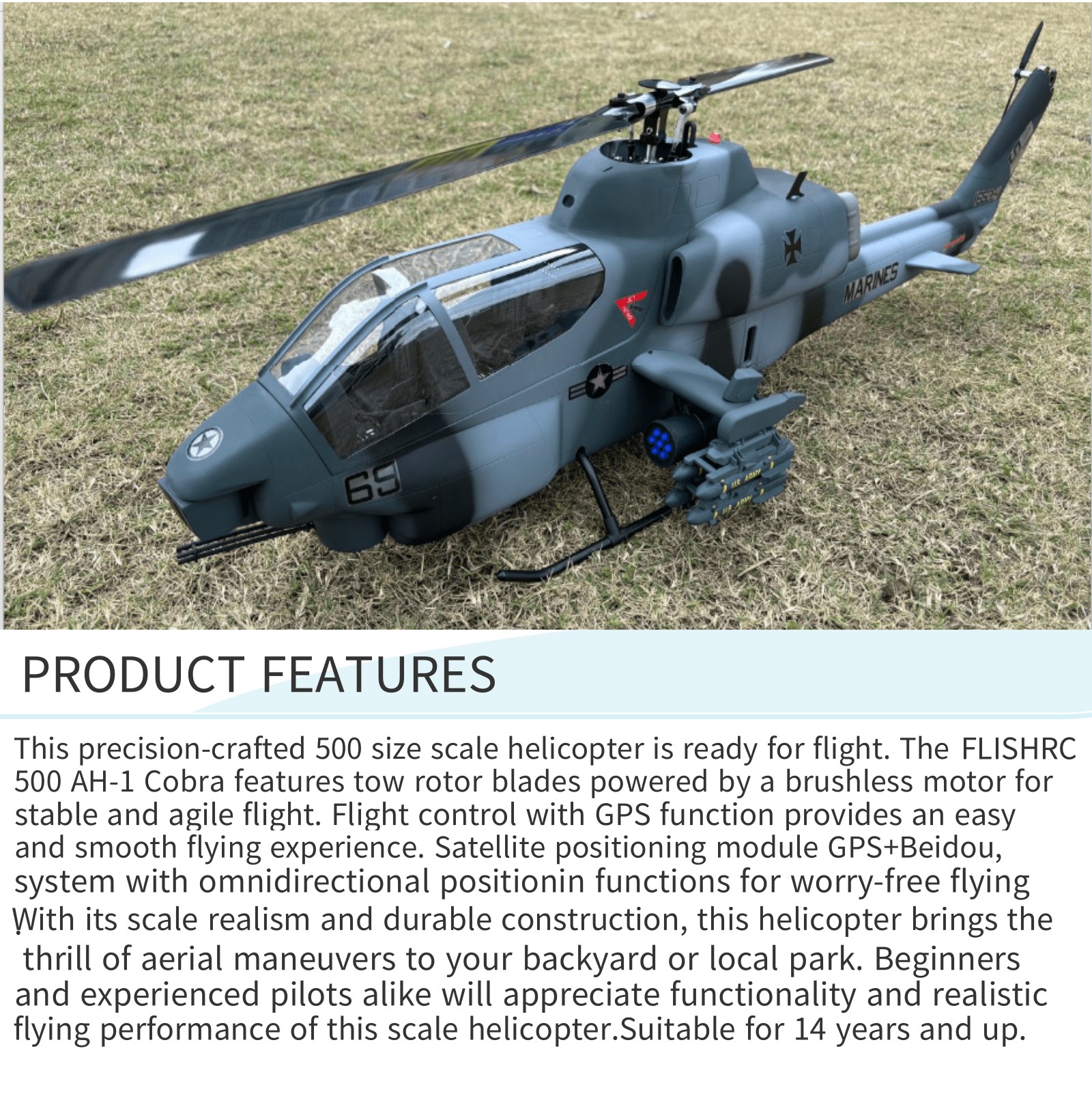 FL500 V2 FLISHRC Roban 500 AH-1 Cobra 500 Size Scale Helicopter GPS with H1 Flight Control RTF ...