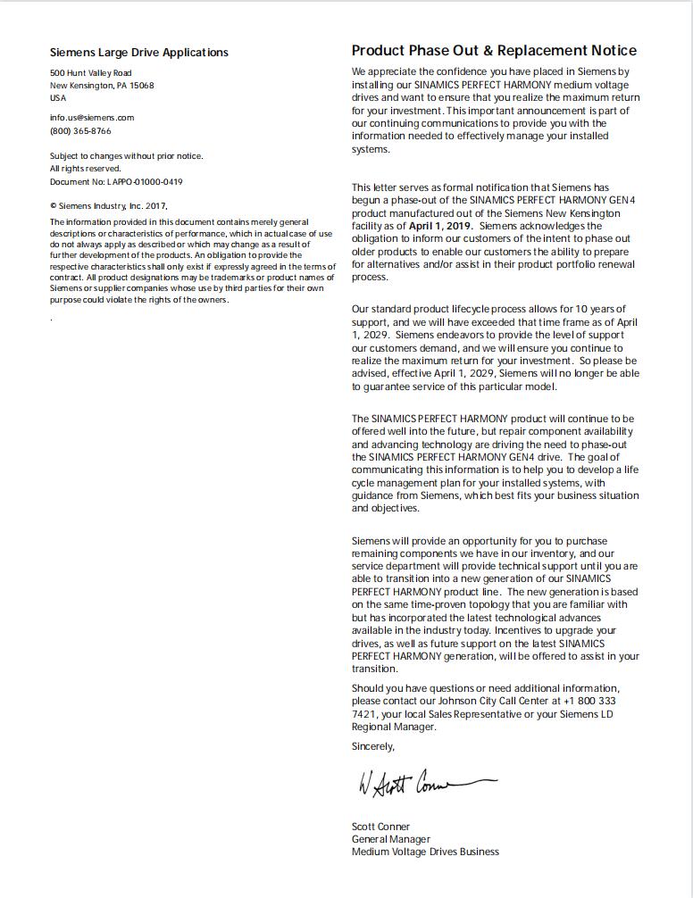 Siemens Product Phase Out Notice SINAMICS PERFECT HARMONY GH180 GEN4 ...