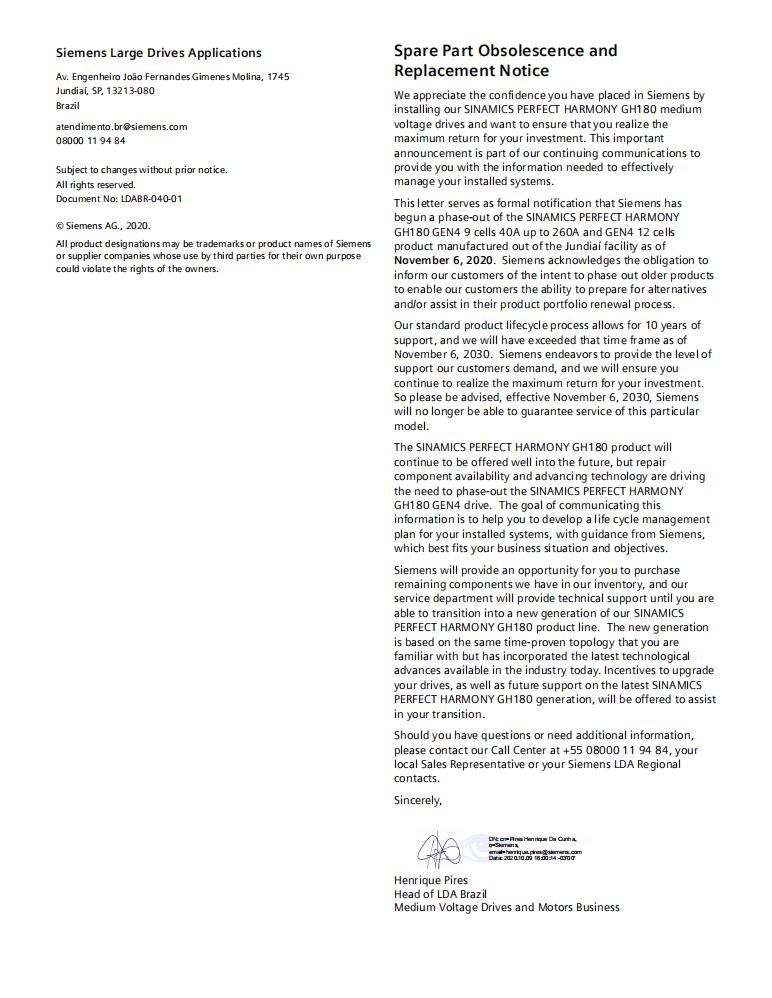 Siemens Product Phase Out Notice SINAMICS PERFECT HARMONY GH180 GEN4 ...
