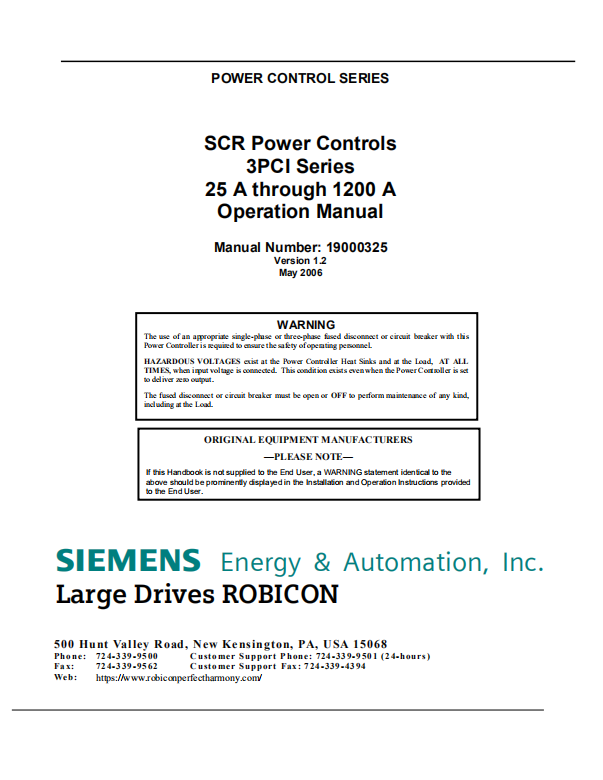 Siemens Robicon SCR Power Controls 3PCI Series 25A through 1200A ...