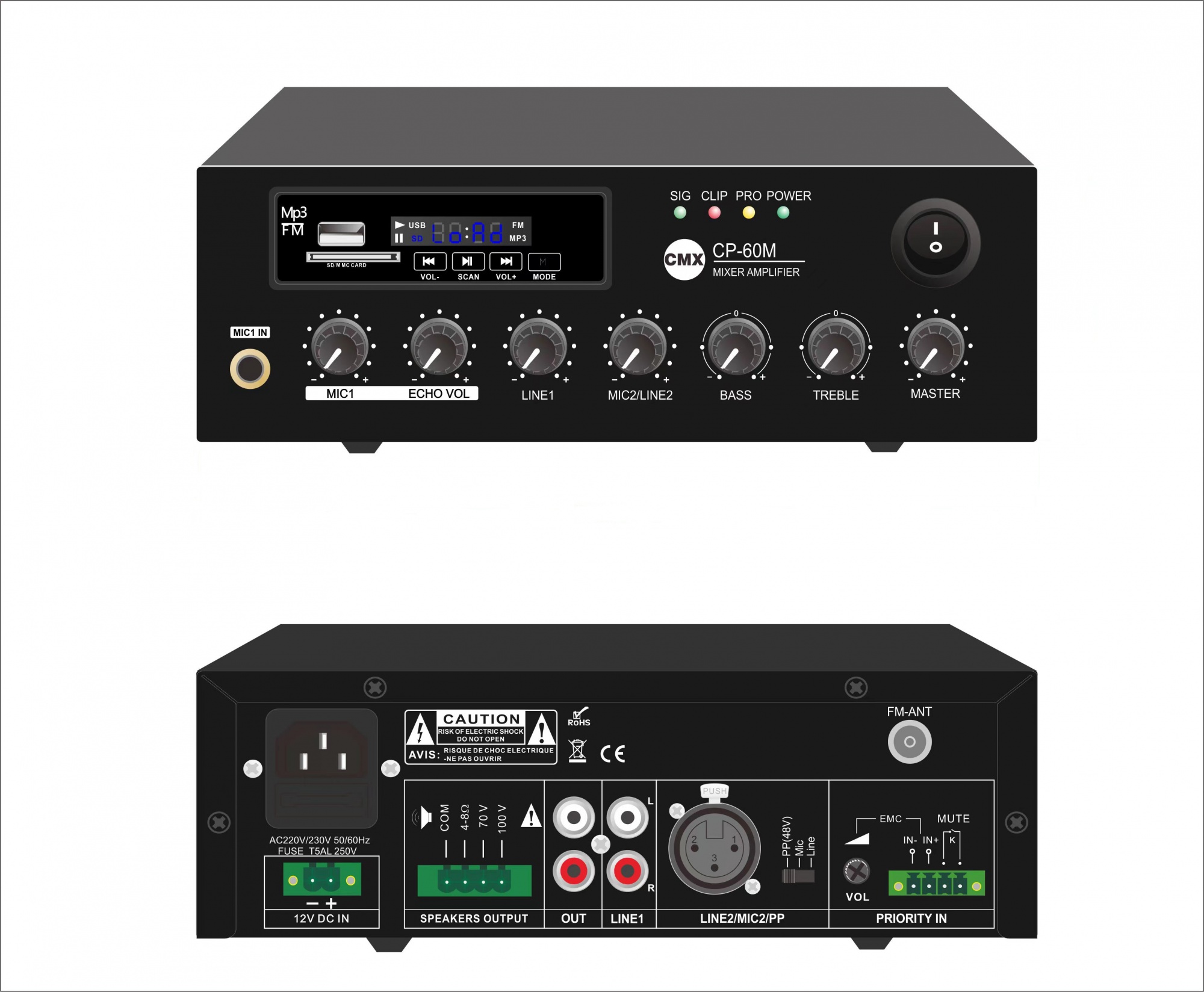 Mini Mixer Amplifier with USB/SD/FM/Bluetooth/Echo CP-30M CP-60M