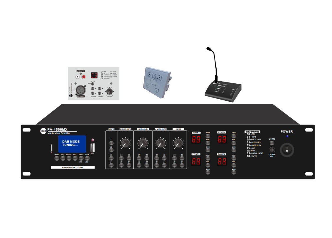 PA-4120MX PA-4240MX PA-4350MX PA-4500MX 4 Zone Mixer Amplifier with USB/SD/FM/Bluetooth