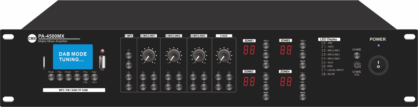 PA-4120MX PA-4240MX PA-4350MX PA-4500MX 4 Zone Mixer Amplifier with USB/SD/FM/Bluetooth