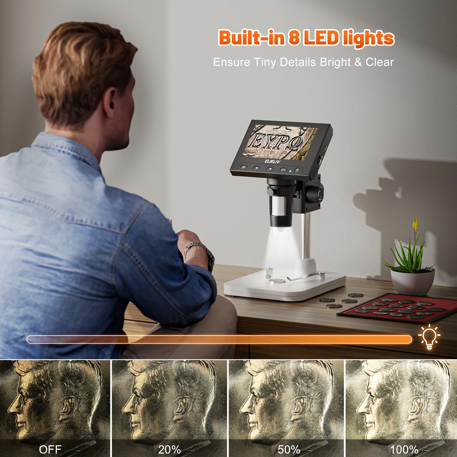 Coin Microscope, Elikliv 4.3" LCD Digital Microscope 1000x, USB Coin ...