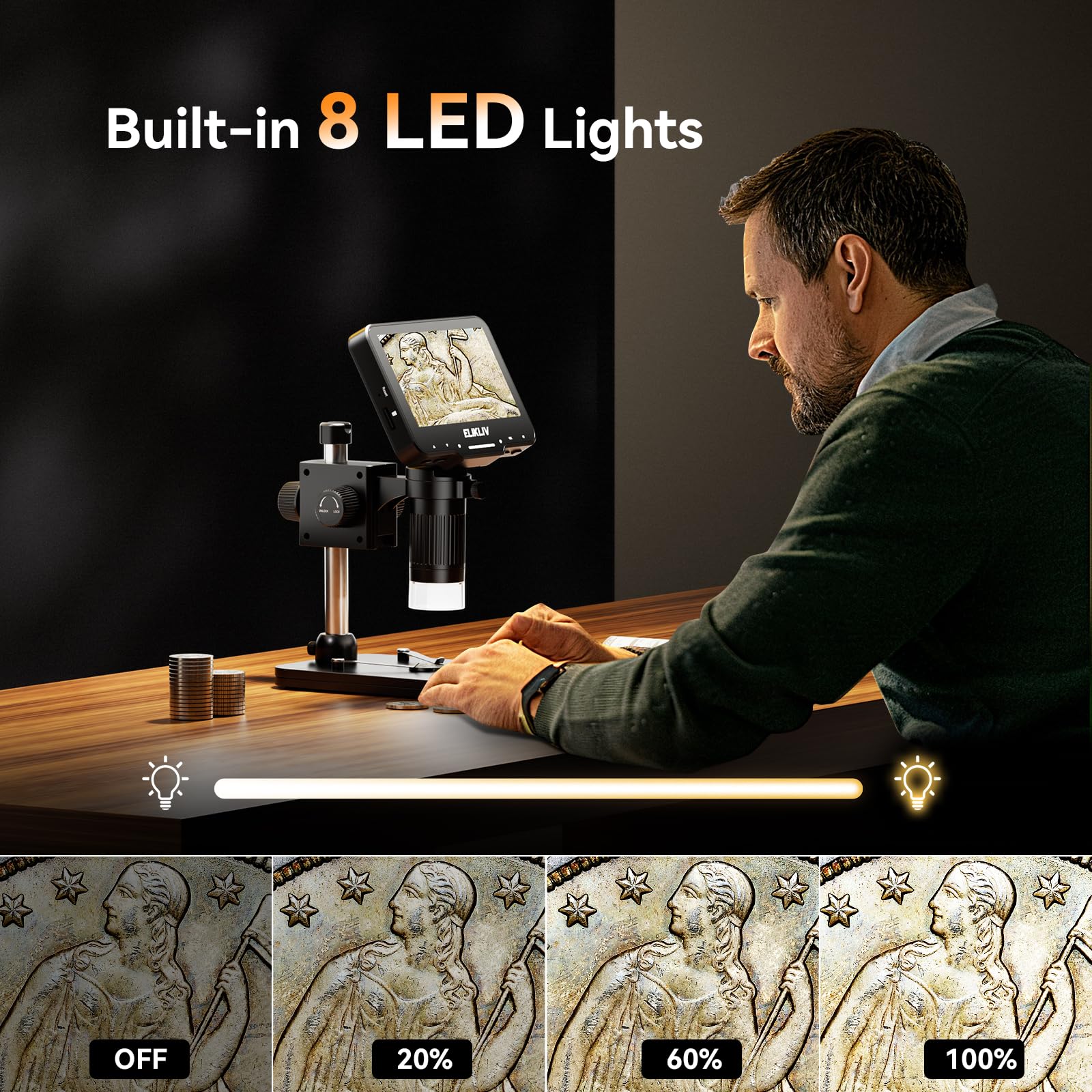 Elikliv Coin Microscope EDM4 Max, 4.3" LCD Digital Microscope1000x ...