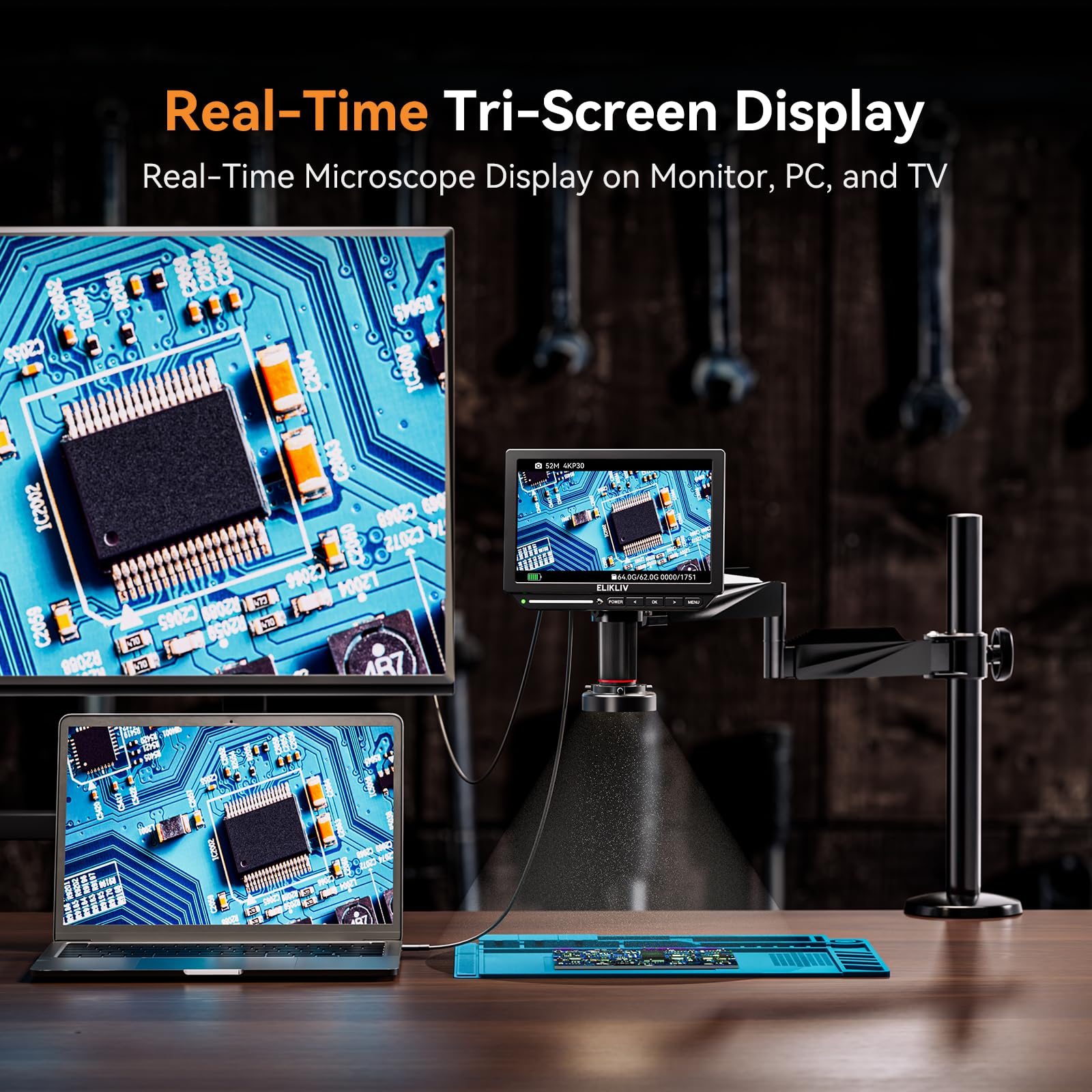 Elikliv EM4K Flex Pro 4K Soldering Digital Microscope 2000x, Flex Arm ...
