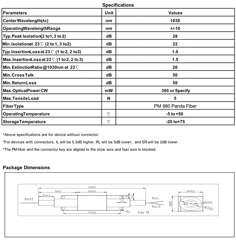 High Power PM Circulator 1030nm Type C6 1x2高功率保偏环形器光越科技