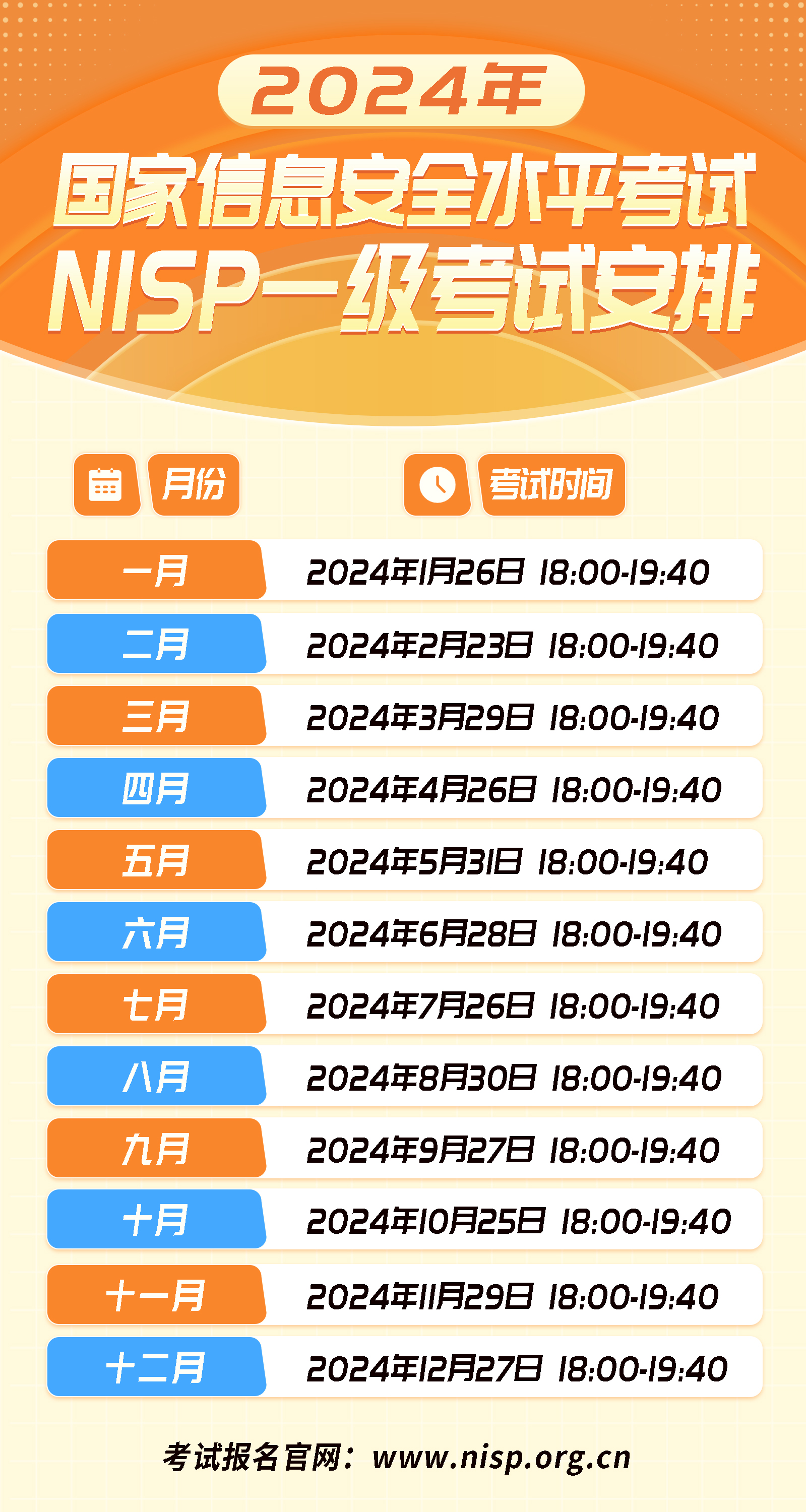 国家信息安全水平考试NISP一级2024年考试安排